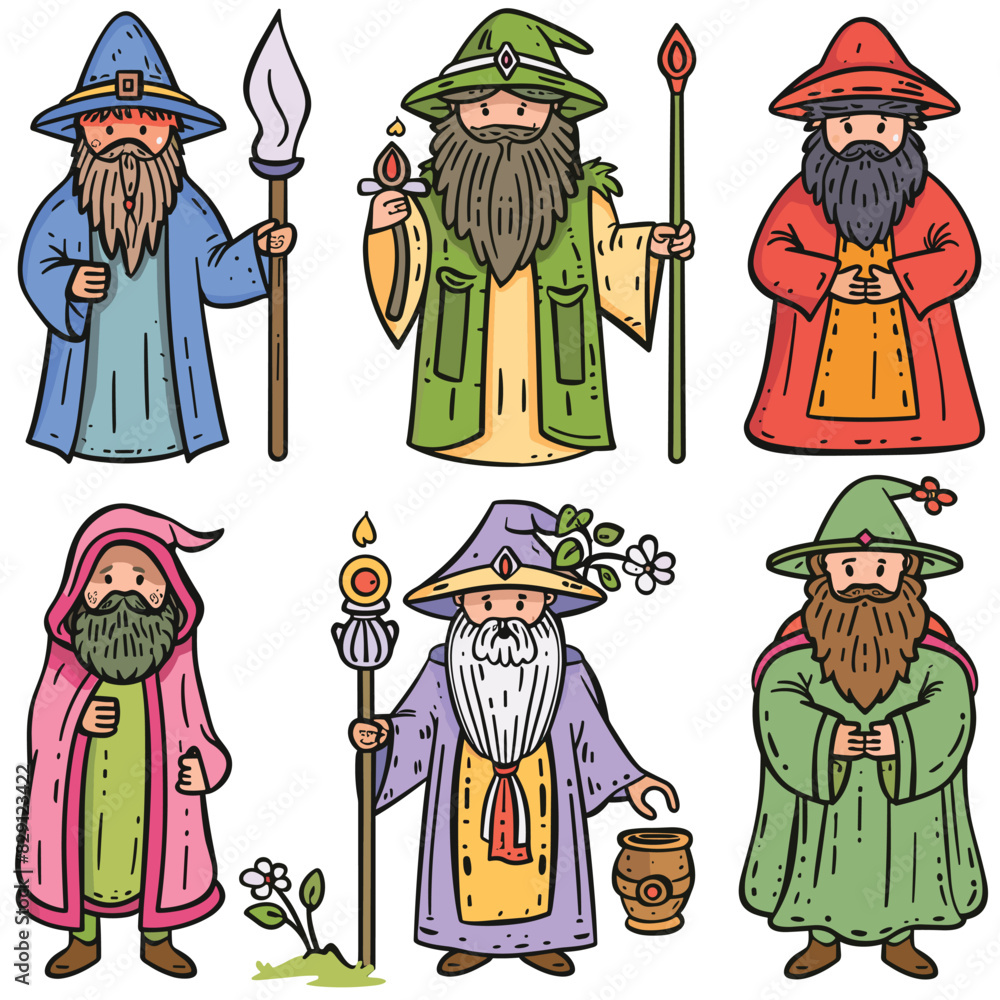 Six wizards, unique design, hold various mystical items. Detailed ...