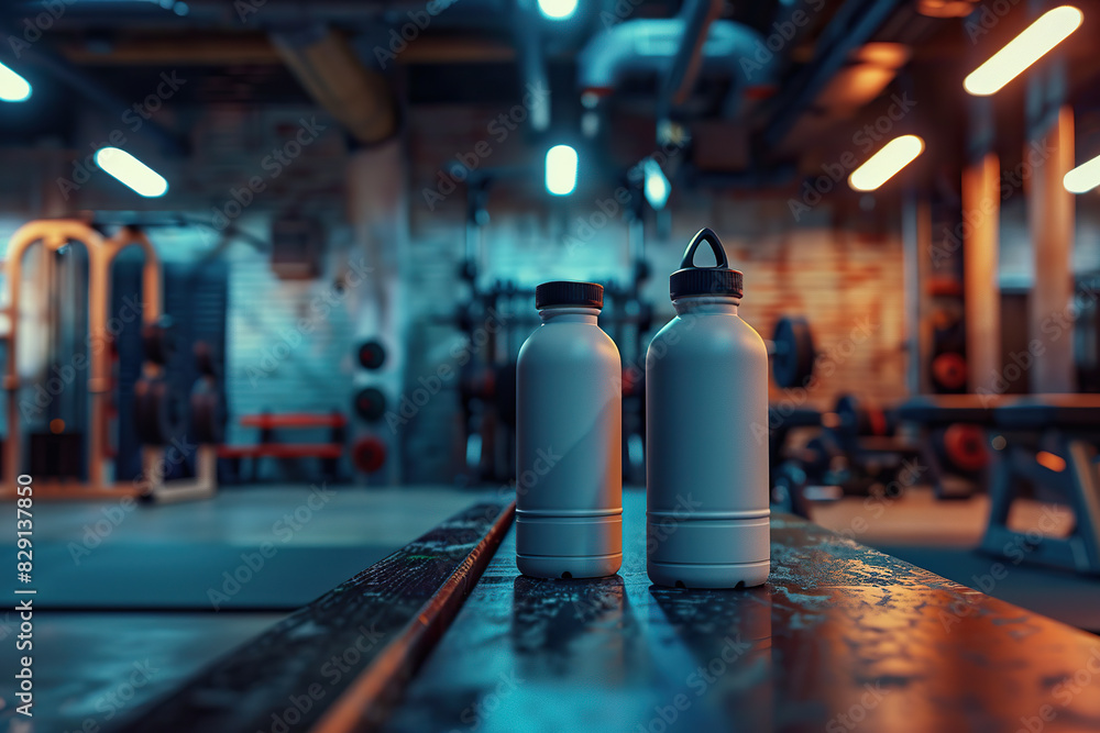Two water bottles placed on a gym bench, showcasing hydration and ...