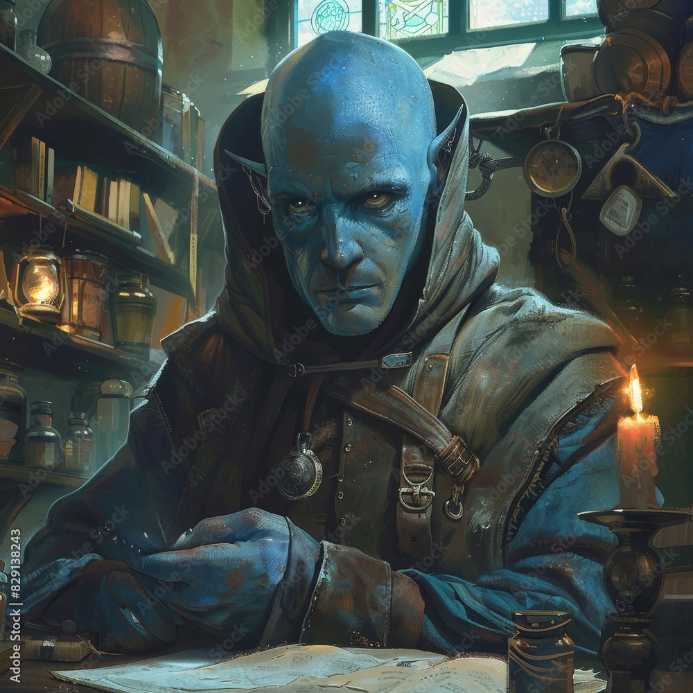 fantasy portrait of a male, bald, young, friendly, hooded, broad-nosed ...