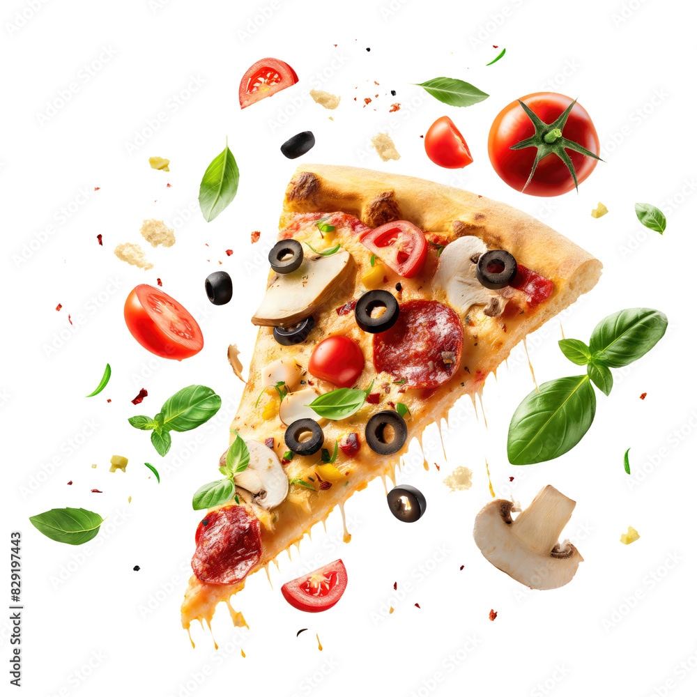 Flying pizza slice with ingredients isolated on transparent white ...