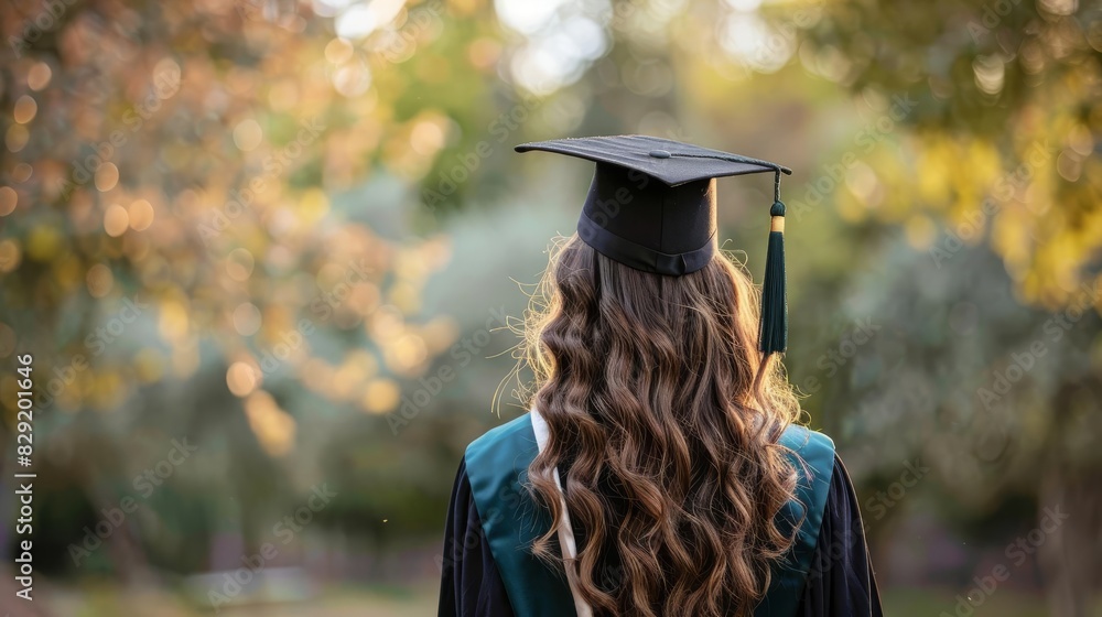 female graduate student in cap and gown seen from behind education and ...