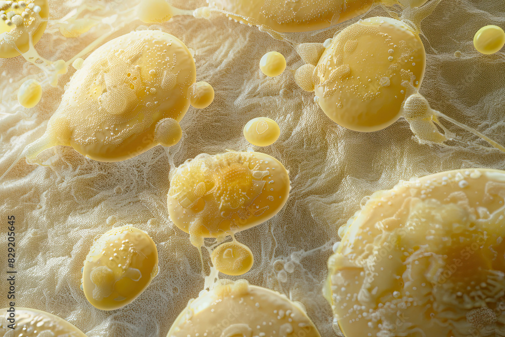 Yeast cells with budding formations on bread dough, showing detailed ...
