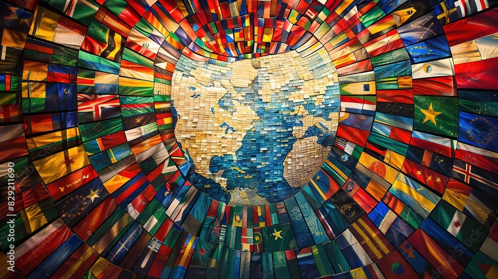 Dynamic mosaic of world flags merging into a global map, symbolizing ...