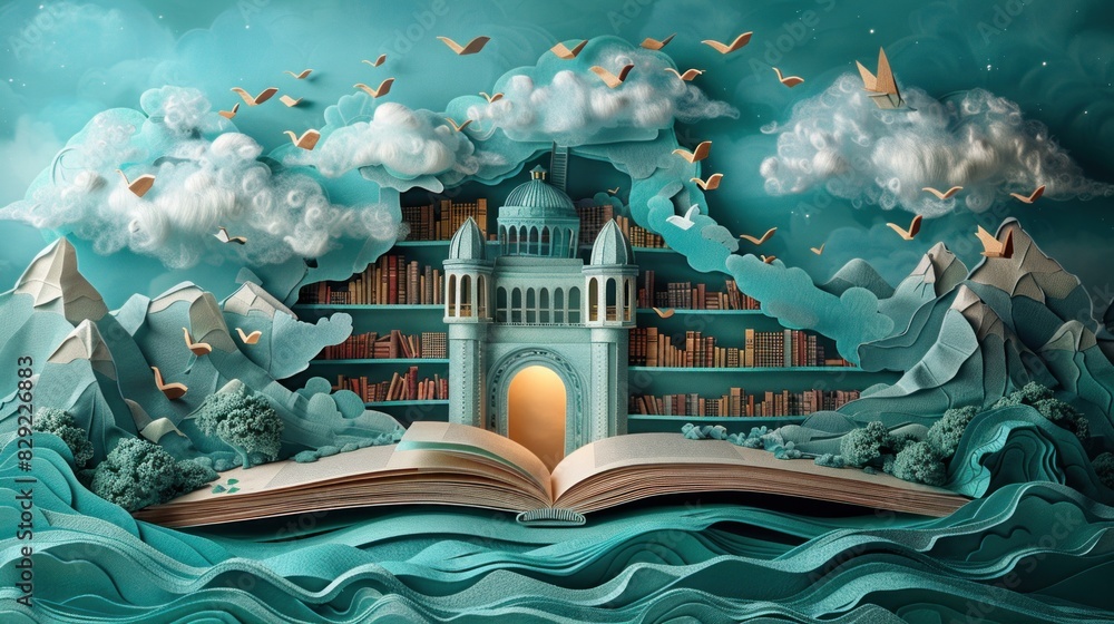 Illustrate a paper cut of a library with books and artifacts flying off ...