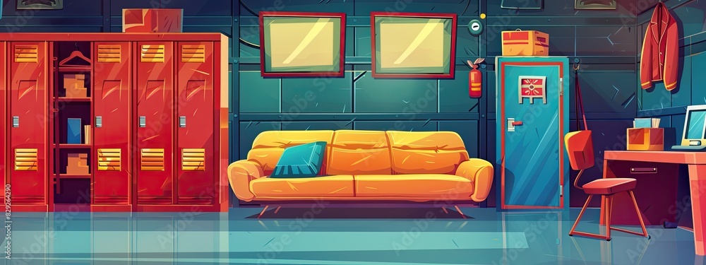 Interior of a recreation room at the fire station with a sofa and ...