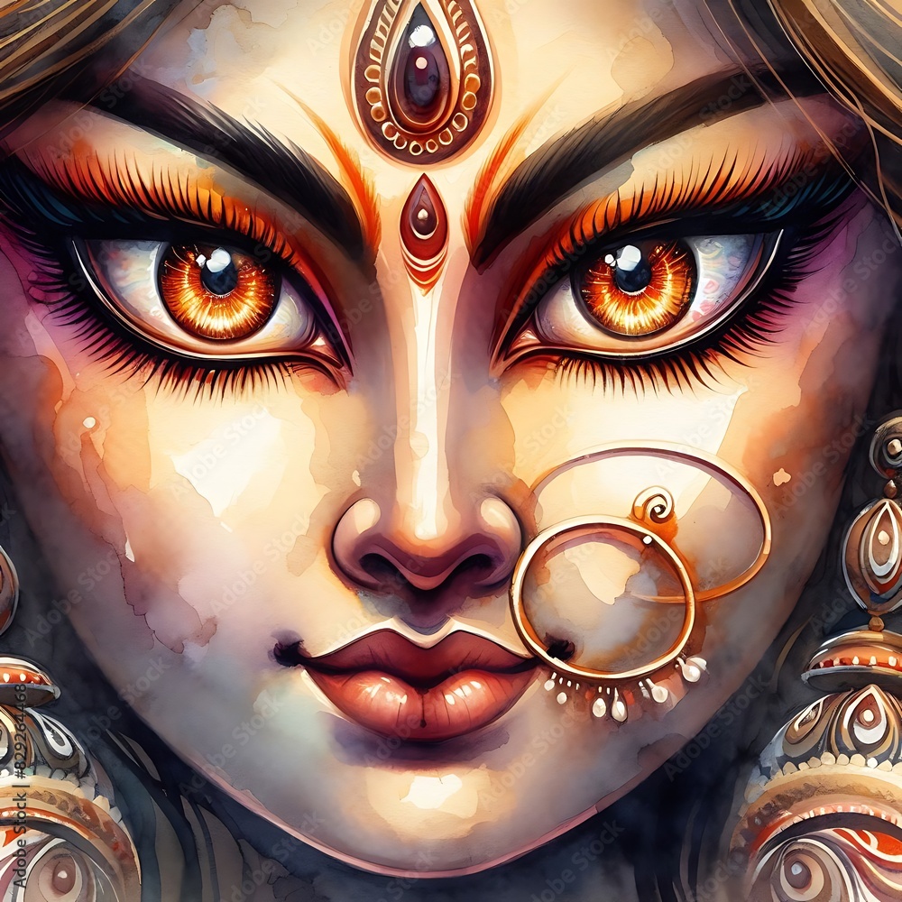 Watercolor Painting Illustration of Goddess Durga's Fierce Eyes Stock ...