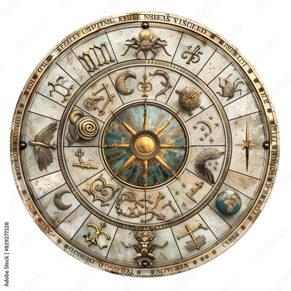Intricate zodiac wheel featuring astrological symbols and signs ...
