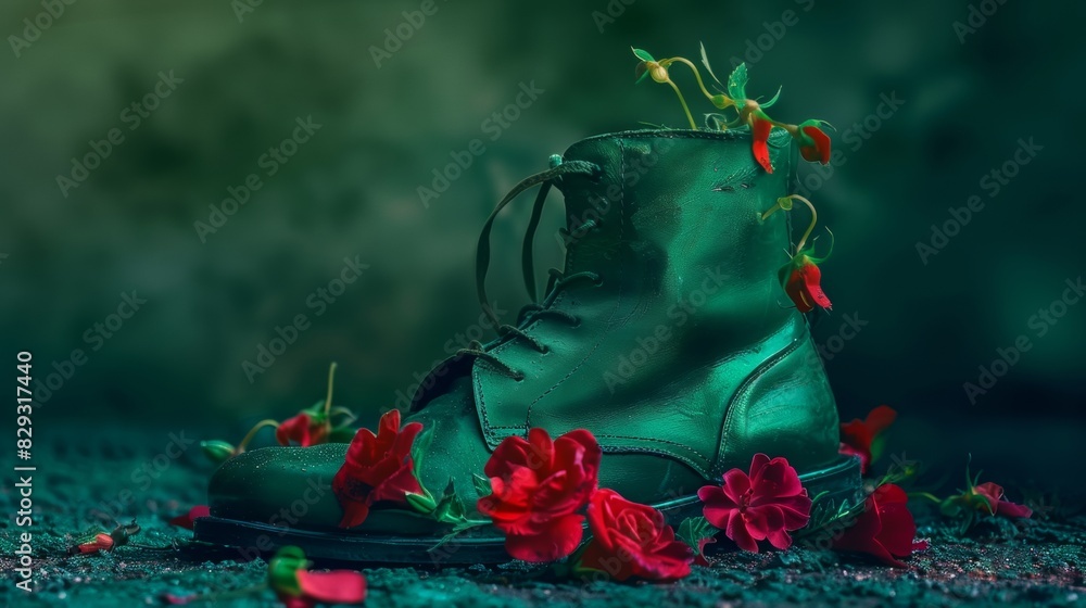 Hyper-realistic green boot on cracked earth with red flowers ...