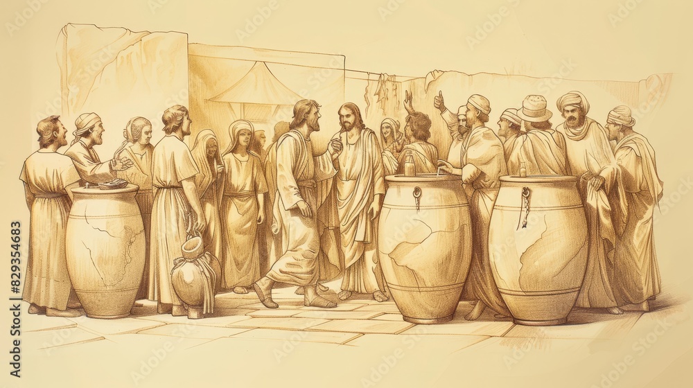 Biblical Illustration: The Wedding at Cana, Jesus Turning Water into ...