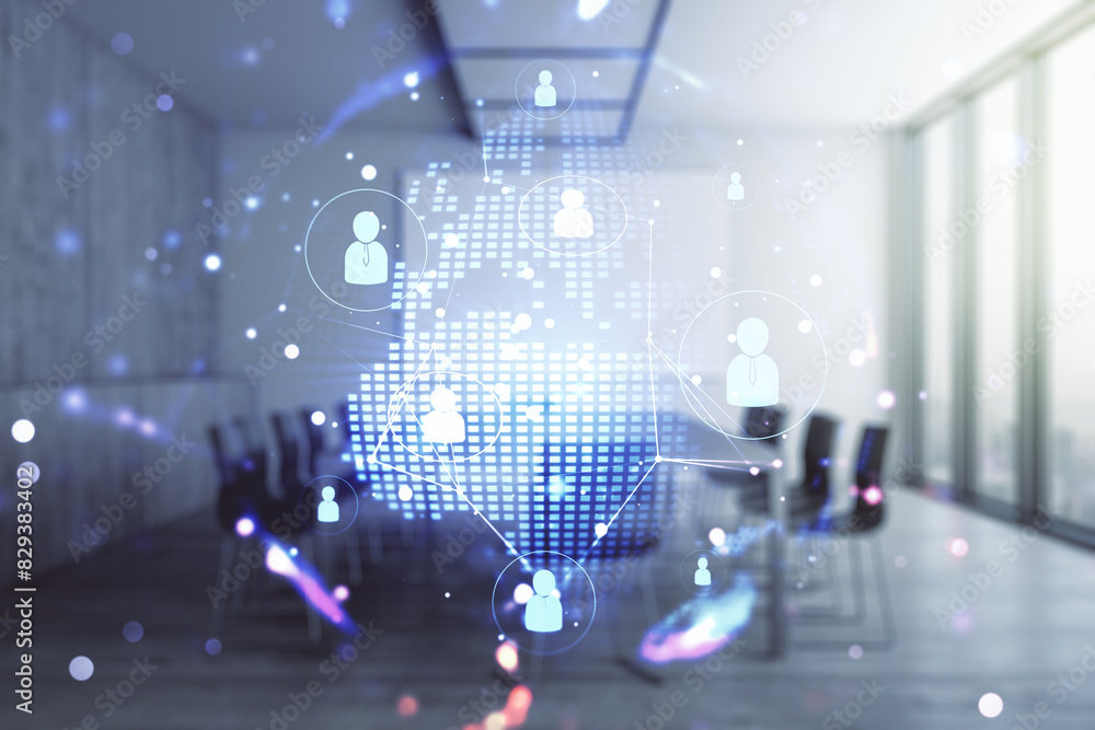 Virtual social network hologram and world map on a modern conference ...