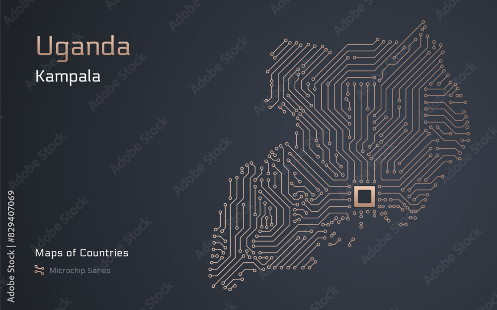 Uganda Map with a capital of Kampala Shown in a Microchip Pattern with processor. E-government ...