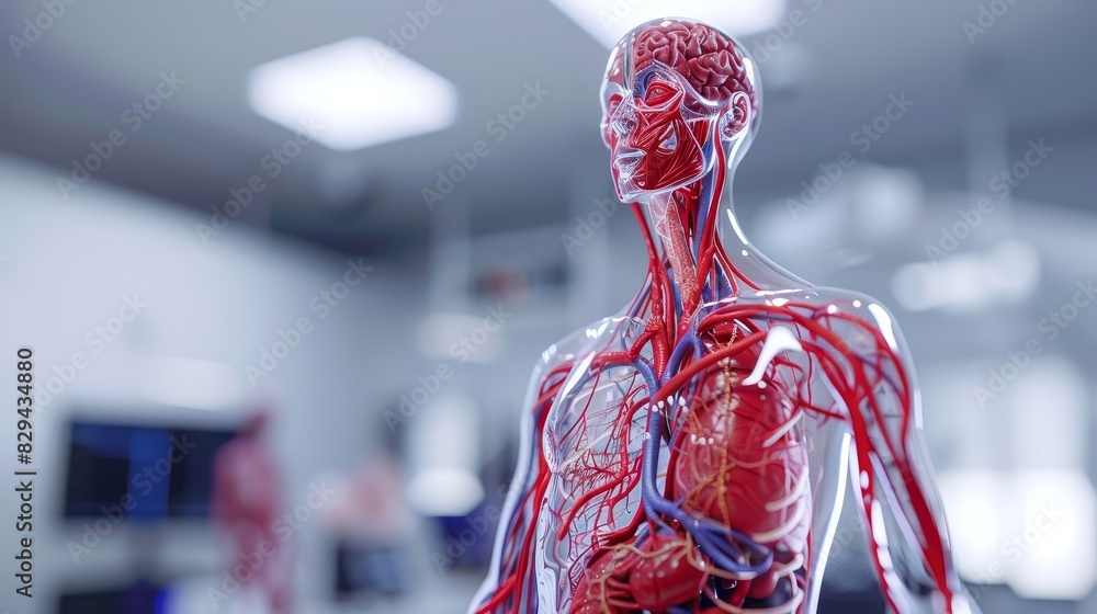 Human circulatory system diagram in a technical cutaway selective focus ...