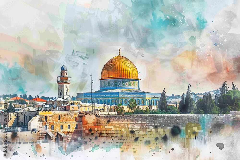 Watercolor hand draw The Al-Aqsa Mosque in Jerusalem is one of the ...