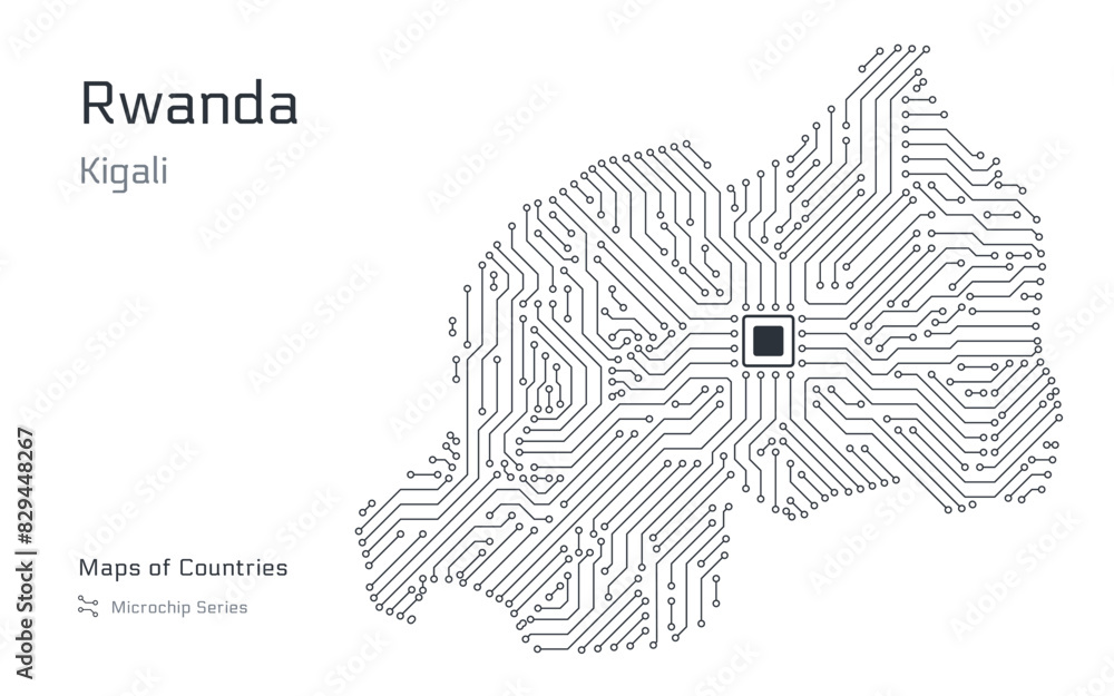 Rwanda Map with a capital of Kigali Shown in a Microchip Pattern with ...