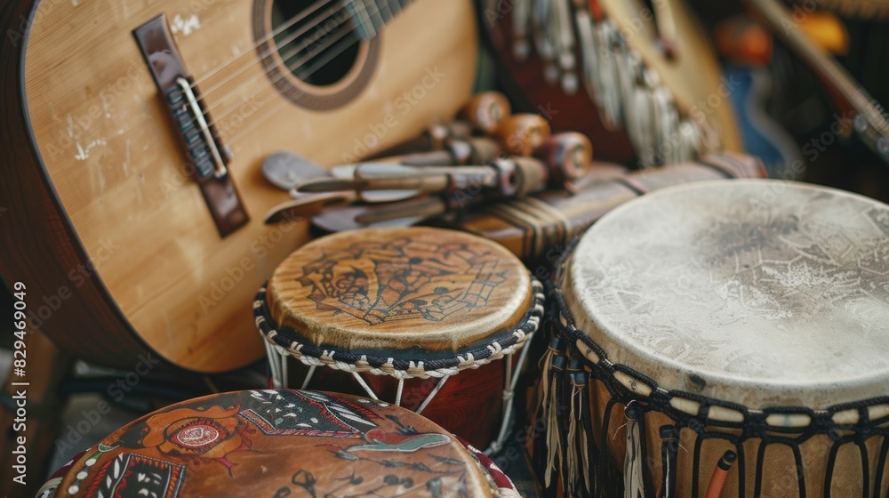 A collection of traditional musical instruments such as Native American ...