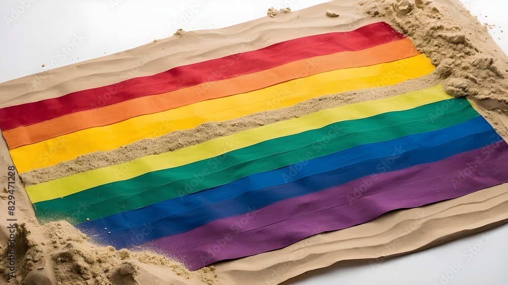 Celebrate LGBT history month with sand flag art. Top view showcases a ...