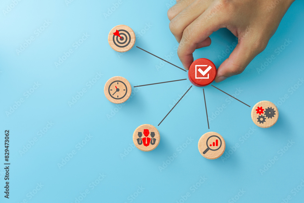 Business process management. Businessman plan a project with wooden ...