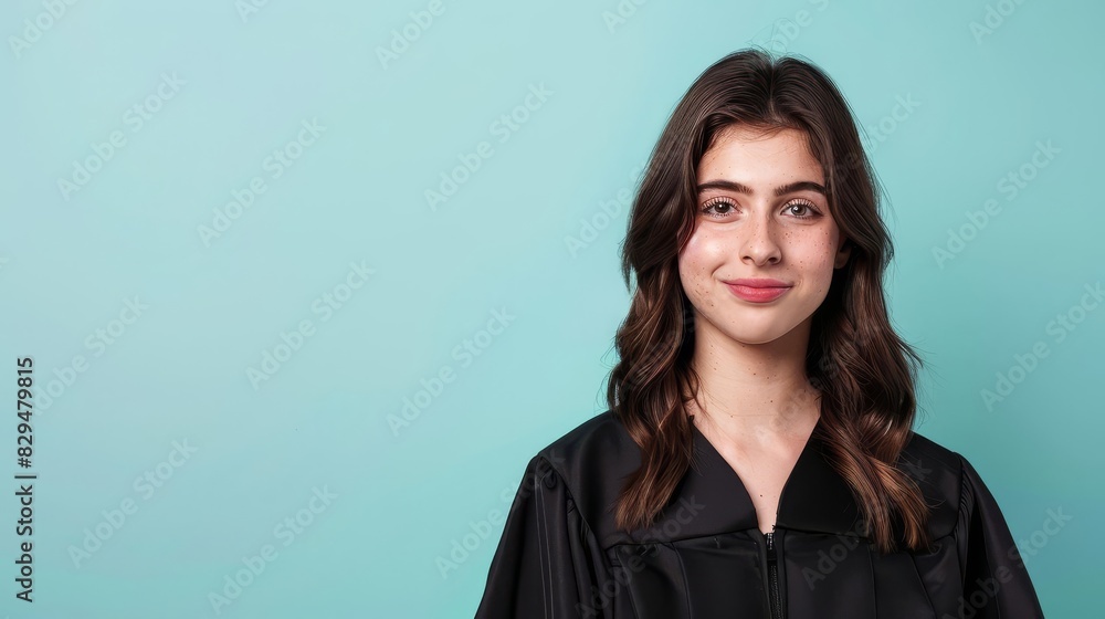 Graduate in black gown, plain background, close view, spotlight effect ...