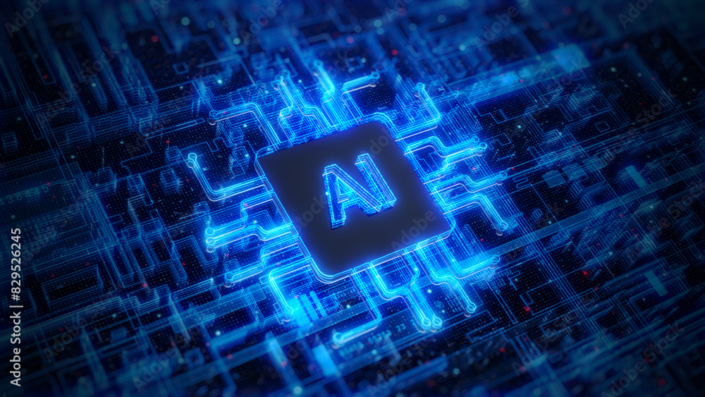 AI technology on a circuit board with blue neon lights, Digital circuit ...