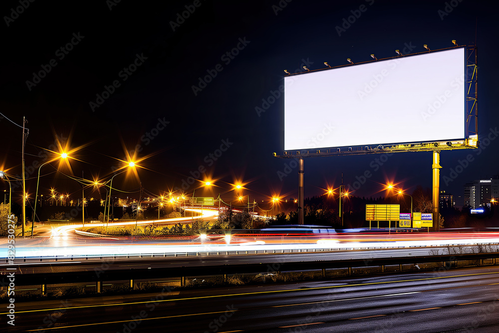 A bright billboard on the side of a dark road at night, its lights ...