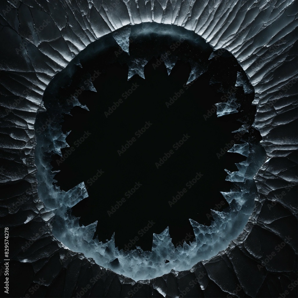pure black background, overlay of frozen cracked ice with a large hole ...