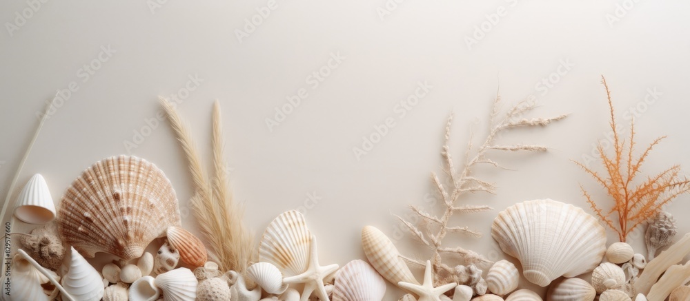 Seashells and corals arranged on a grey beige background in minimal ...