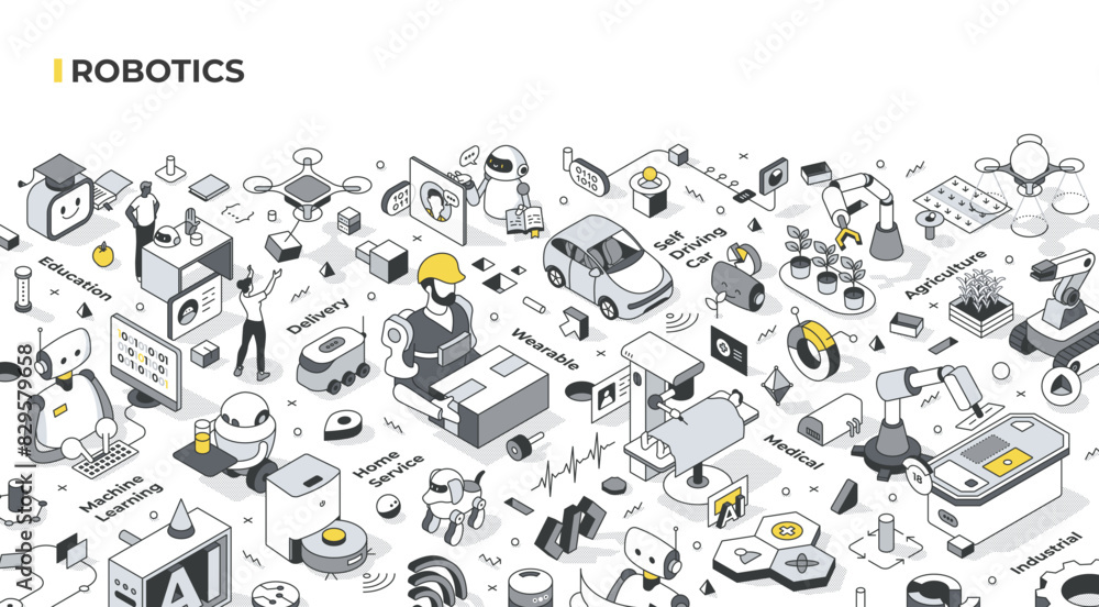 Modern society robotics isometric illustration that highlights ...