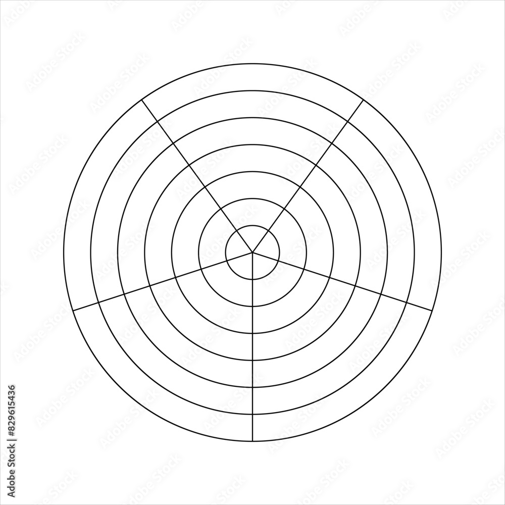 Round diagram with concentric circles divided on 5 equal sectors. Pie ...