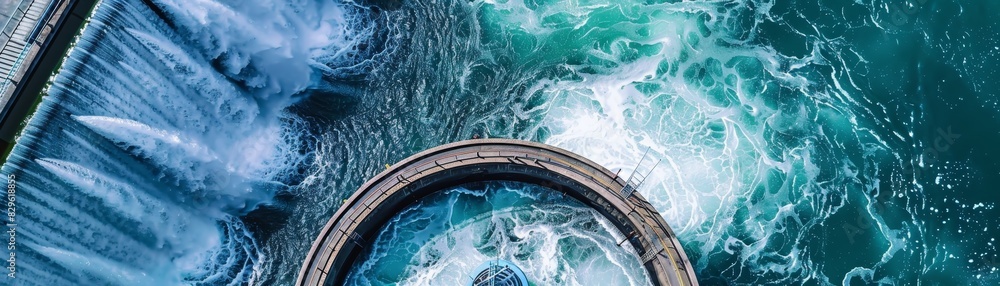 Aerial view of powerful water currents flowing through a circular ...