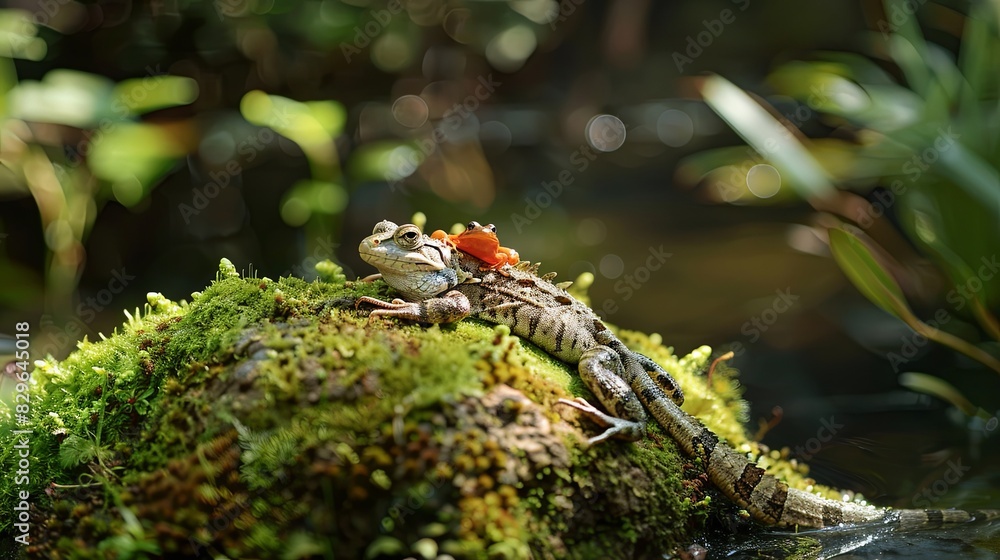 An oriental garden lizard is sunbathing with a dumpy frog on a moss ...