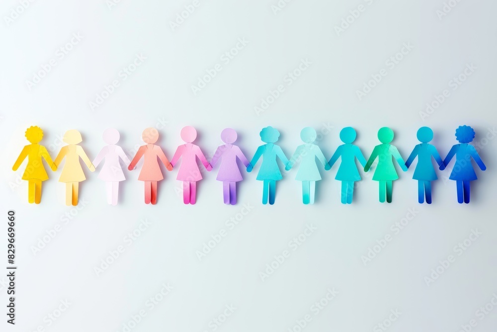 Colorful paper doll chain representing unity and diversity. Cutout figures holding hands in a ...