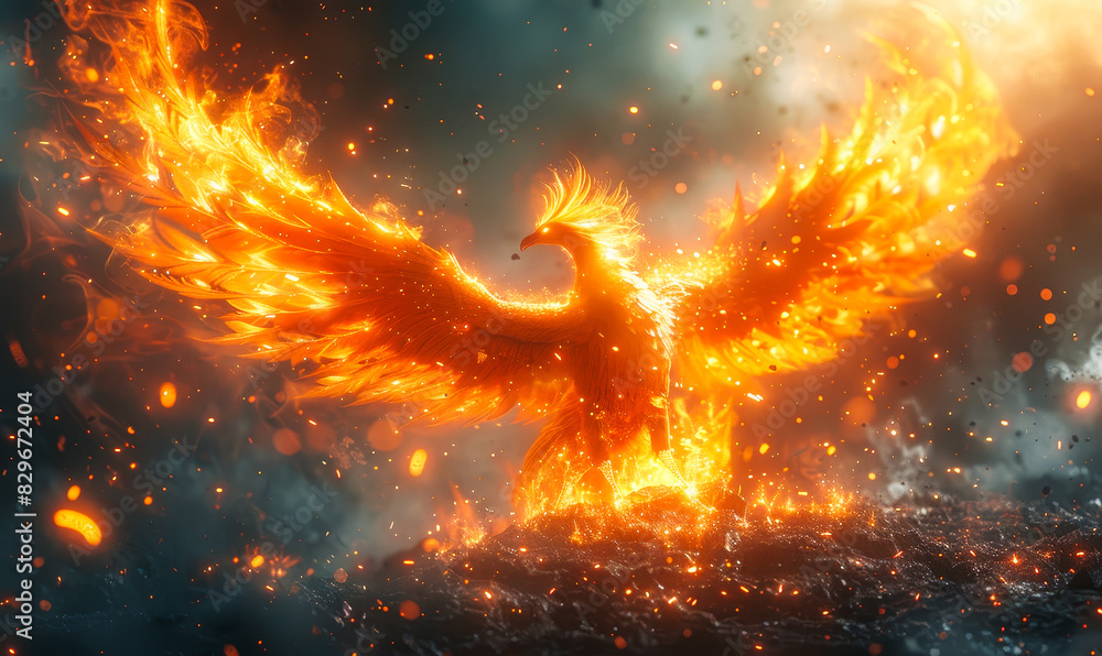 Majestic Phoenix Rising from Ashes in Fiery Rebirth, Dramatic Mythical ...