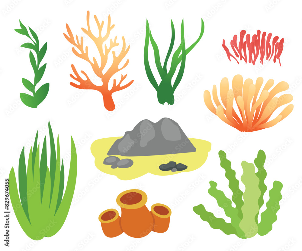 Coral reefs and seaweed colorful. Underwater sea icon set Stock Vector ...