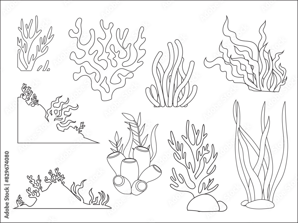 Line art of coral reefs and seaweed Stock Vector | Adobe Stock