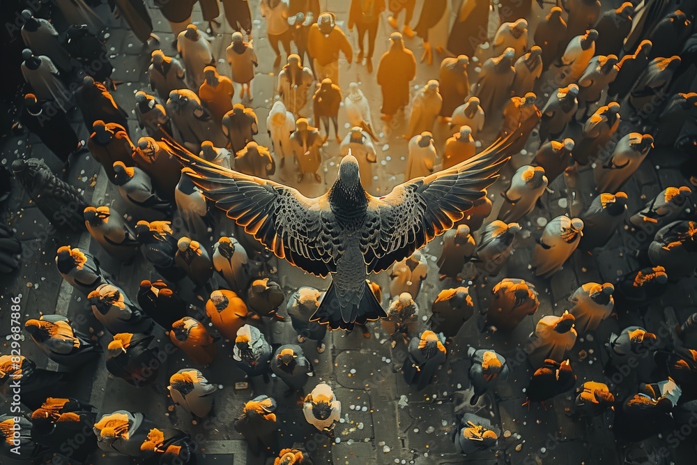 Dynamic bird's-eye view of a pigeon in flight over a crowded urban ...