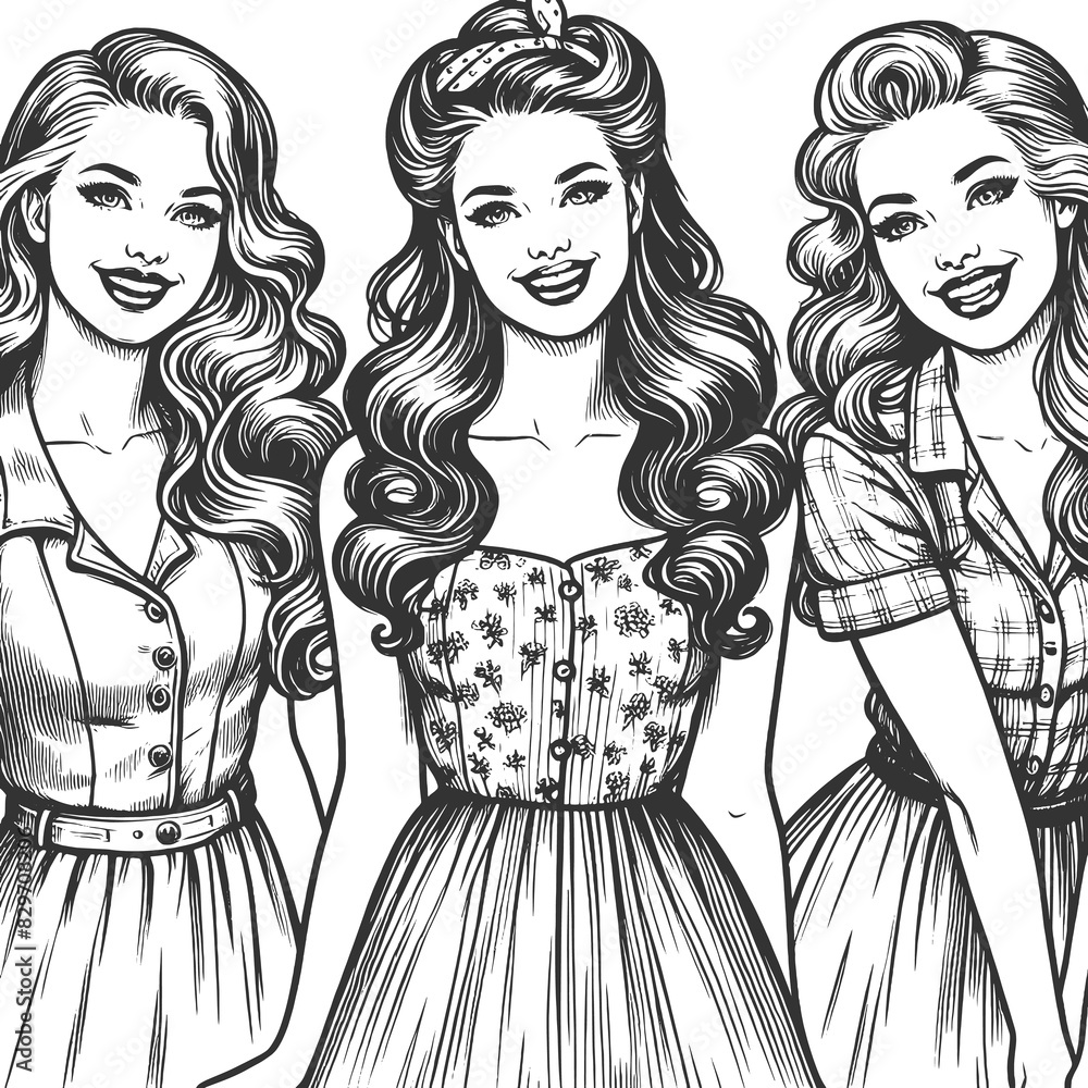 three smiling pin-up girls in retro outfits, standing side by side ...
