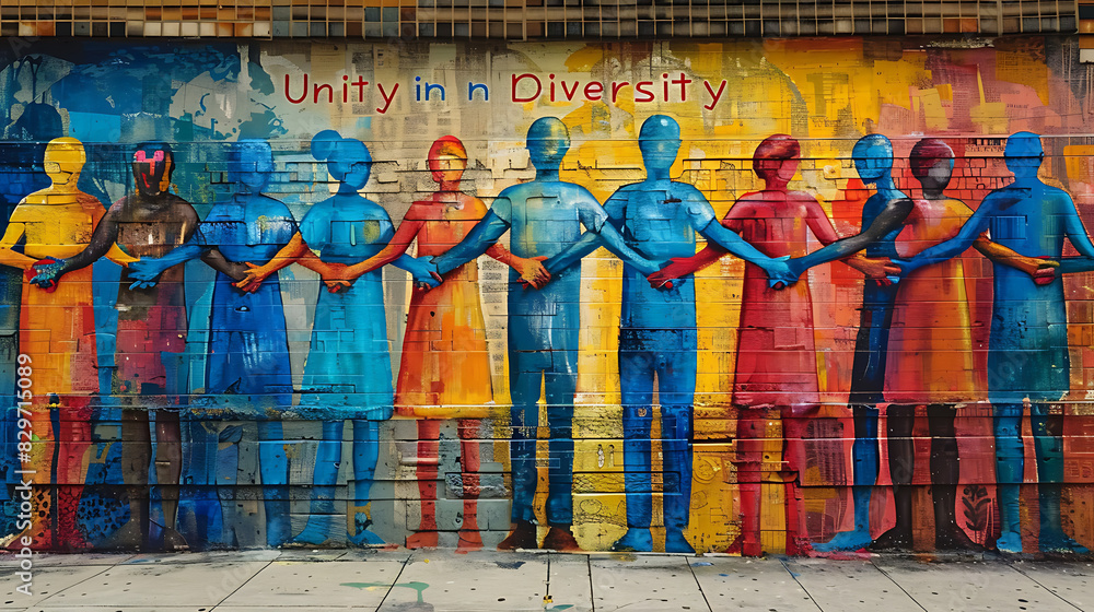 Street art depicting diverse group of people holding hands around the ...