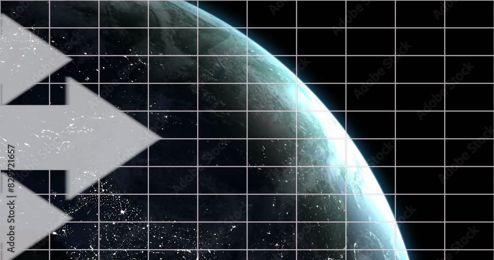 Image of arrow on grid pattern and rotating globe over black background ...