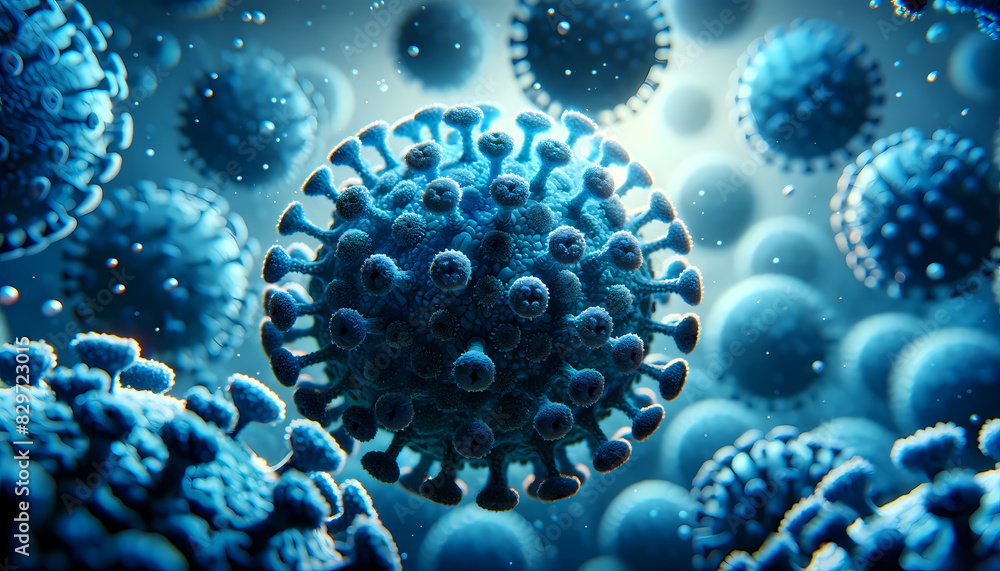 This image depicts a detailed microscopic view of viral particles ...