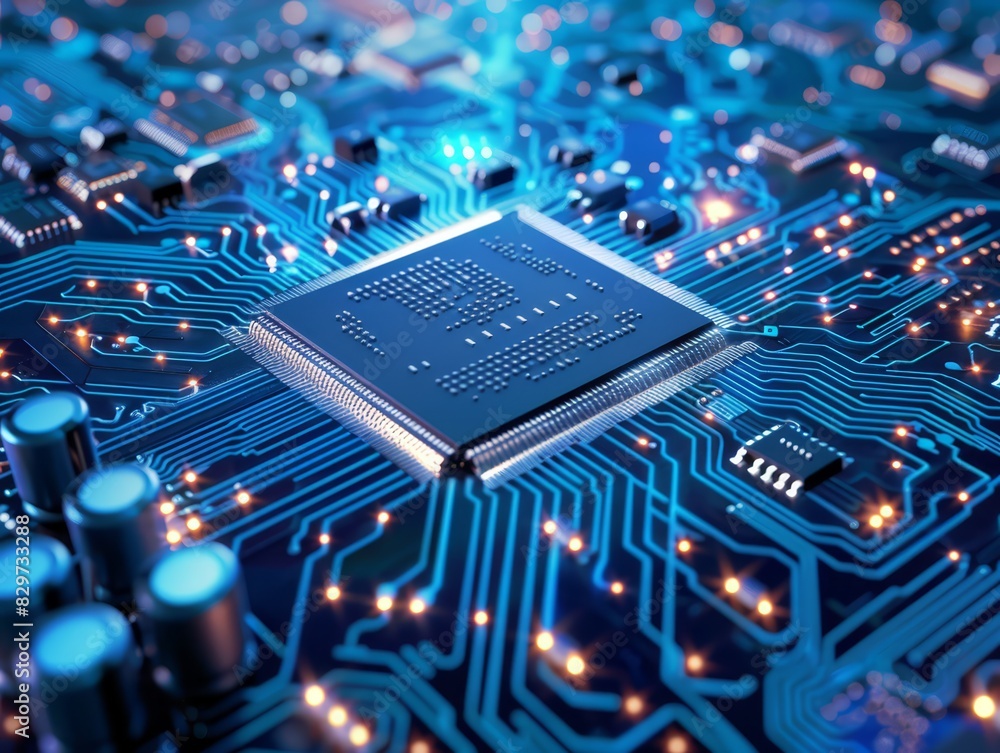Circuit board. CPU technology. Detailed blue micro circuit diagram of a ...
