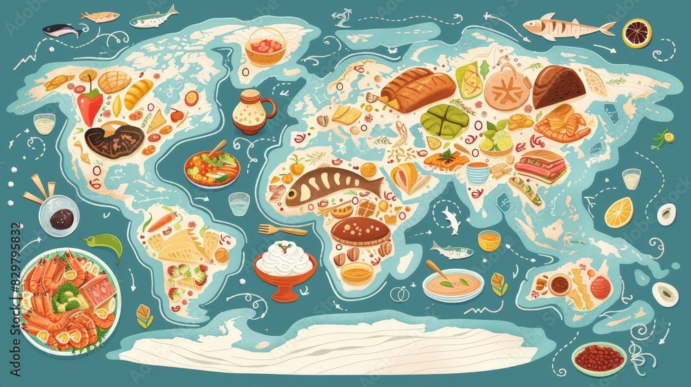 Illustrate a world map showing the global spread of various cuisines ...