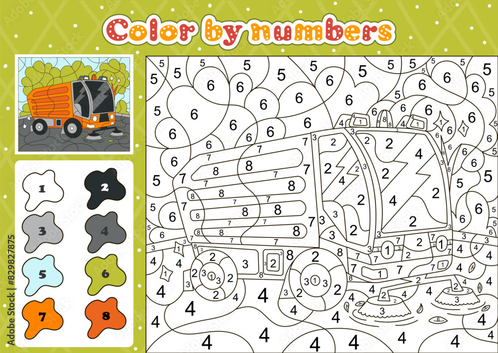 Car themed coloring page by number for kids with mini street sweeper ...