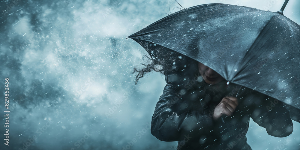 Person wearing raincoat withstanding strong wind and heavy rain in a ...
