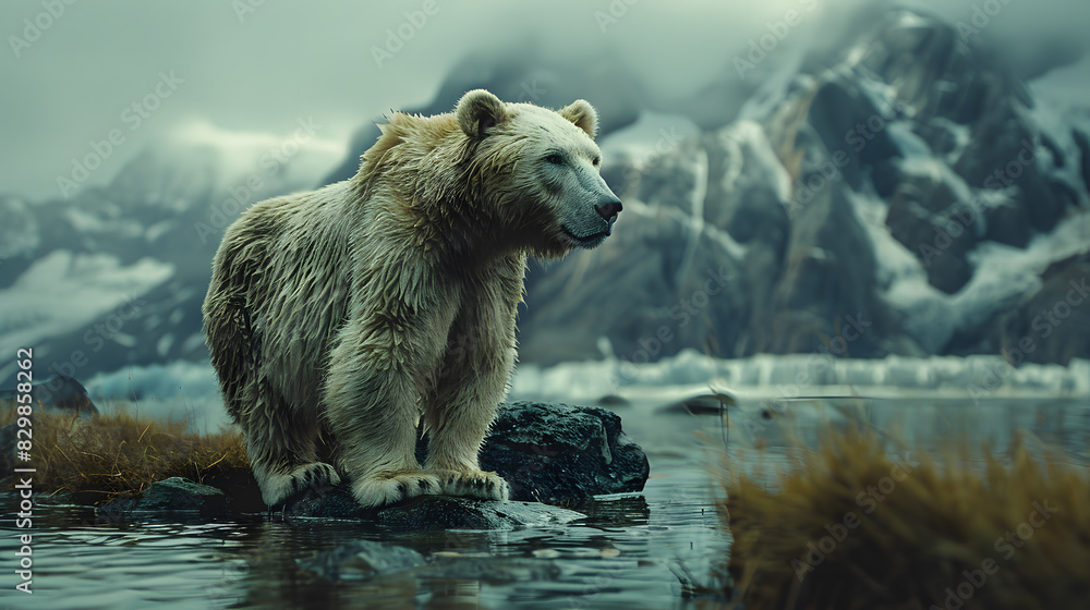 A solitary polar bear on a melting iceberg, rising sea levels, and a ...