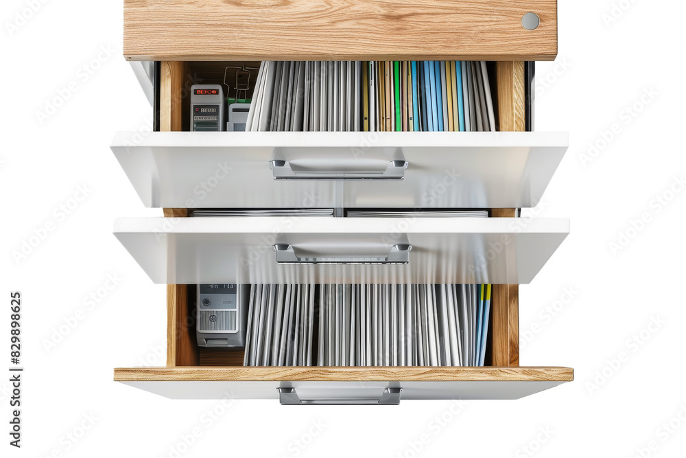 Wooden filing cabinet with open drawers showing organized folders ...