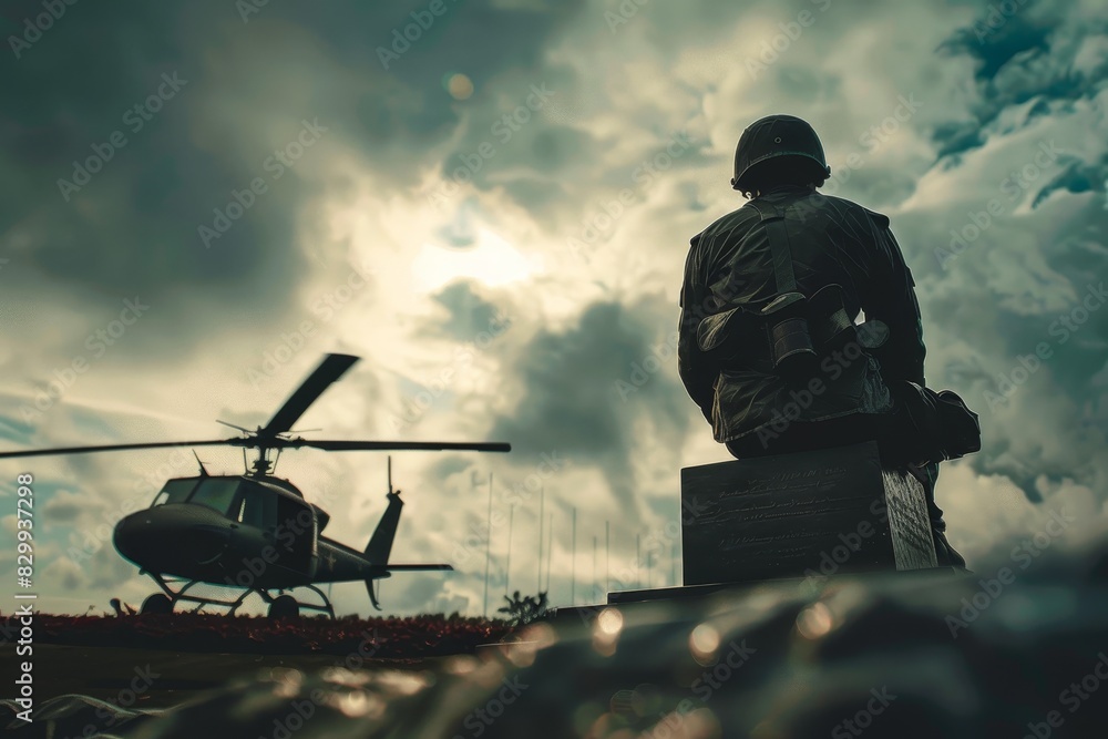 Memorial tribute at the Vietnam War helicopter monument with a single ...