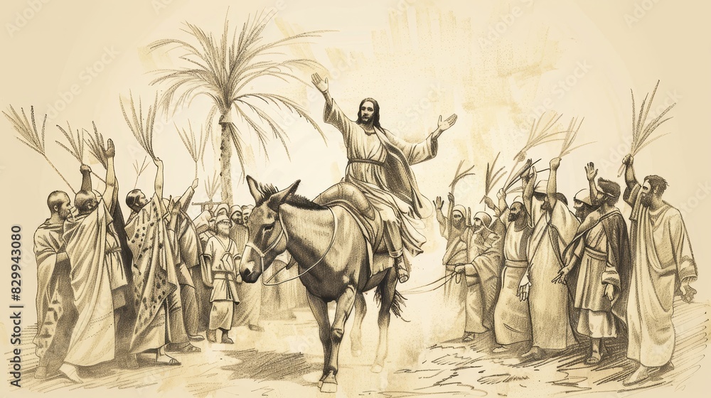 Biblical Illustration: The Triumphal Entry, Jesus on Donkey, Crowds ...