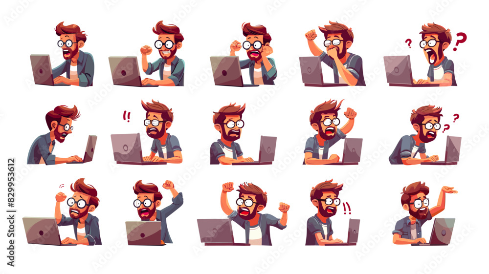 Programmer working laptop cartoon vector scenes. Man beard glasses ...