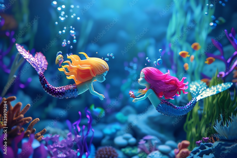 Two vibrant mermaids with colorful hair swimming gracefully underwater ...
