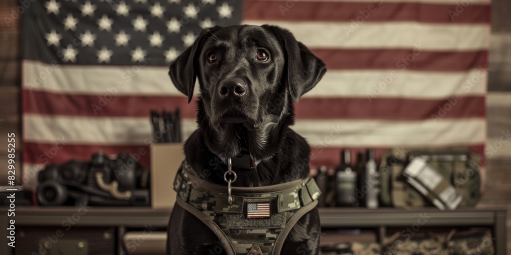 A noble Black Labrador Retriever wearing a tactical vest with an ...